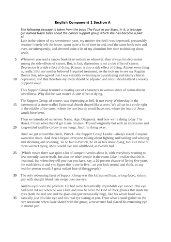 Eduqas GCSE Language Component 1 - The Fault in Our Stars Practice ...