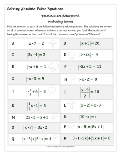 Absolute Value Equations - Picking Mushrooms (Matching Game) | Teaching ...