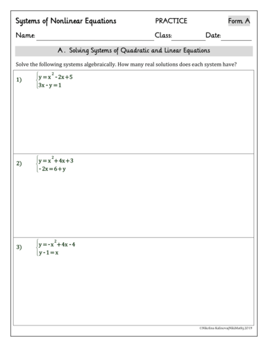 Nonlinear Systems of Equations - Practice 2 Forms & Matching Activity ...