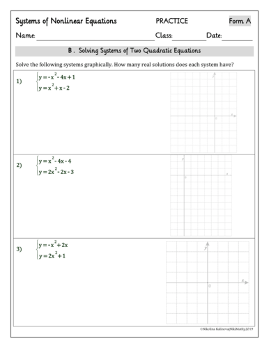 Nonlinear Systems of Equations - Practice 2 Forms & Matching Activity ...