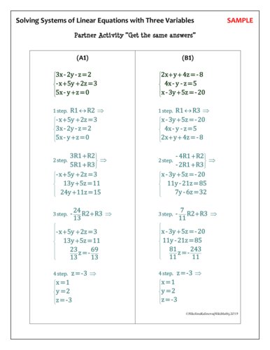 Linear Systems with 3 Variables - Partner Activity "Get the Same Answer ...