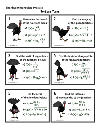 Thanksgiving PreCalculus Review Practice - Turkey's Task Cards(3 prob ...