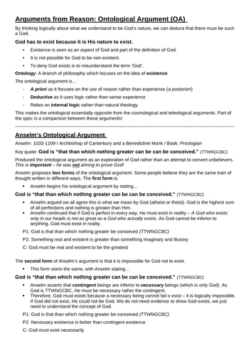 Arguments from Reason (Ontological) - WHOLE UNIT! (RS A-Level OCR ...