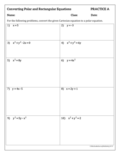 Converting Polar and Rectangular Equations - Practice A & B | Teaching ...