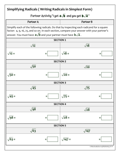 Simplifying Radicals - Partner Activity " I get a√b and you get b√a ...