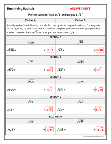 Simplifying Radicals - Partner Activity " I get a√b and you get b√a ...