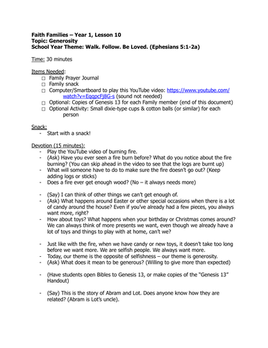 Generosity Devotion (Faith Family Year 1) | Teaching Resources