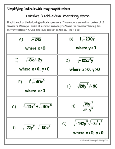 Simplifying Radicals with Imaginary Numbers - Matching Game | Teaching ...