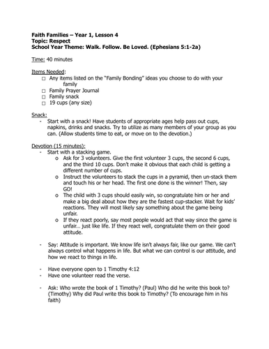 Respect Devotion (Faith Families Year 1) | Teaching Resources