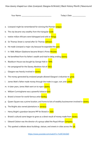 Legacy of Slavery: BBC Newsround Video Question Sheet | Teaching Resources