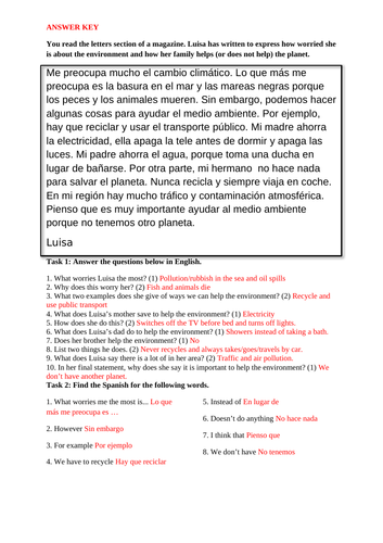 El Medio Ambiente - Spanish Reading with Answer Key | Teaching Resources