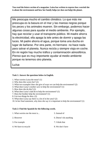 El Medio Ambiente - Spanish Reading with Answer Key | Teaching Resources