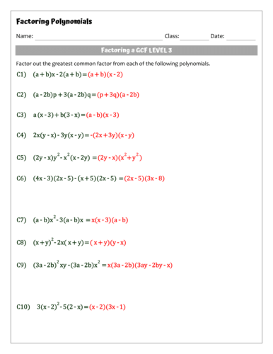 Factoring Polynomials (Factoring a GCF) - Practice 3 Levels (40 ...