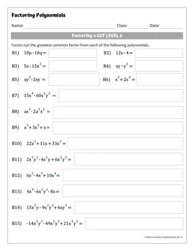 Factoring Polynomials (Factoring a GCF) - Practice 3 Levels (40 ...