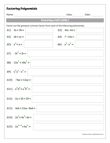 Factoring Polynomials (Factoring a GCF) - Practice 3 Levels (40 ...