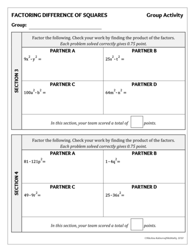 Factoring Difference of Squares - Group Activity (48 problems ...