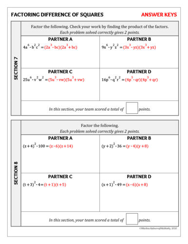 Factoring Difference of Squares - Group Activity (48 problems ...