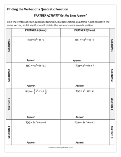 Quadratic Functions - Finding the VERTEX - Partner Activity"Get the ...