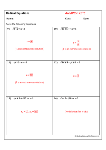 Radical Equations - 14 Review Problems/Independent Practice/Quiz/HW ...