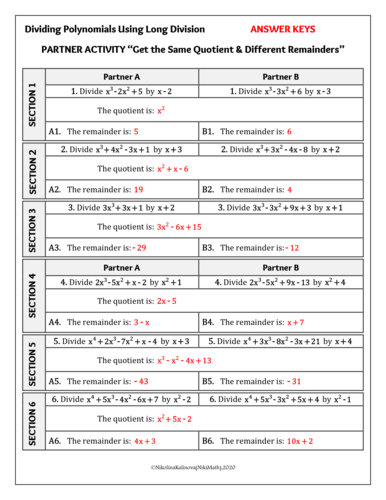 Dividing Polynomials Using LONG DIVISION-Partner Activity"Get the Same ...