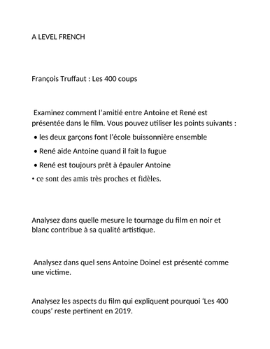 François Truffaut : Les 400 coups A LEVEL FRENCH mock examination ...