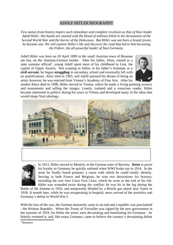 Adolf Hitler Biography Comprehension (B2/B2+) | Teaching Resources