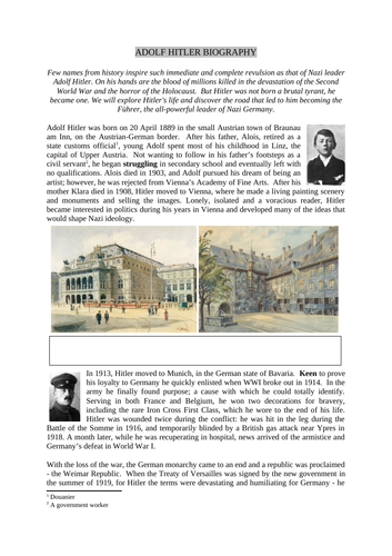 Adolf Hitler Biography Comprehension (B2/B2+) | Teaching Resources