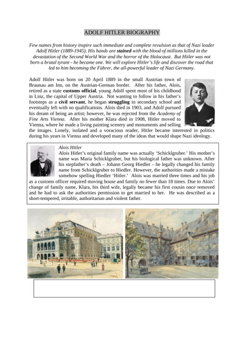 Adolf Hitler Biography Comprehension (B2/B2+) | Teaching Resources