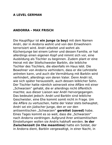 GERMAN A LEVEL REVISION SHEET ON MAX FRISCH ANDORRA - a brief synopsis ...