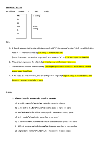 VERBS like GUSTAR (GCSE/BRIDGING WORK) | Teaching Resources