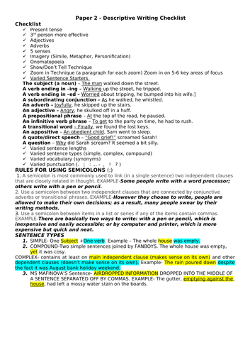 IGCSE english 2021 Paper 2 Question 2 Descriptive writing checklist ...