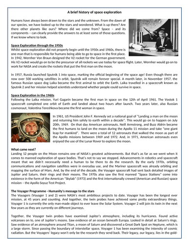 A Brief History of Space Exploration - Reading Comprehension Text ...