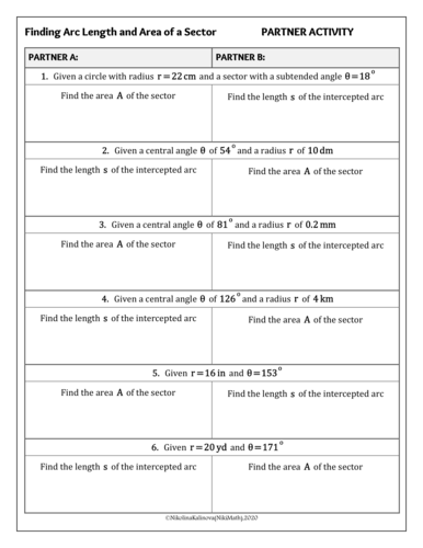 Arc Length and Sector Area - Partner Activity | Teaching Resources