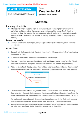 AQA Psychology: Memory: Duration in LTM | Teaching Resources AQA Psychology: Memory: Duration in LTM | Teaching Resources