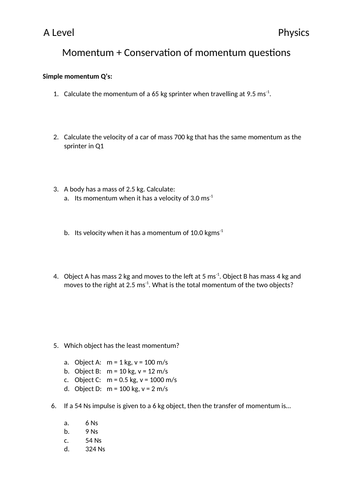 Momentum and conservation of momentum questions | Teaching Resources