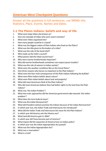 Edexcel History - Paper 2 - American West Checkpoint questions ...