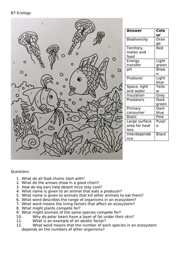 B7 Ecology, adaptations and food webs colouring by numbers | Teaching ...