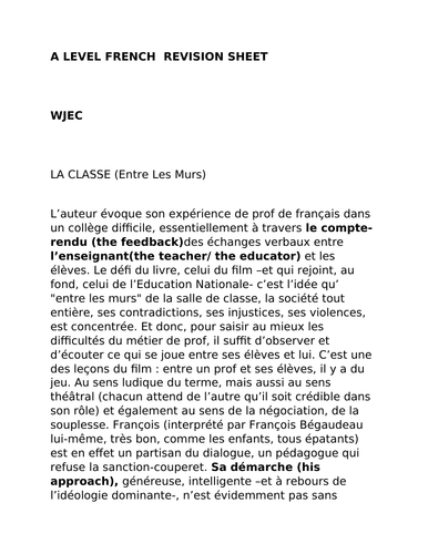 A LEVEL FRENCH WJEC LA CLASSE revision sheet; extracts from reviews and ...