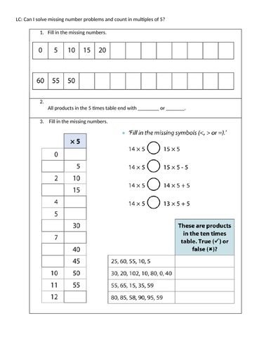 5 Times Table Missing Numbers | Teaching Resources