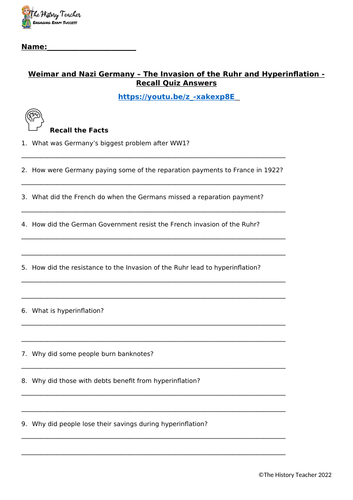 The Invasion of the Ruhr and Hyperinflation - Editable Worksheets ...
