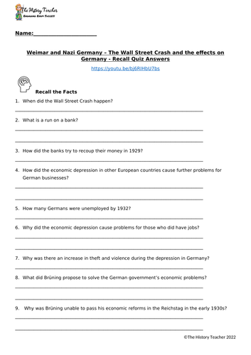 The Wall Street Crash & Depression - Editable Worksheets | Teaching ...