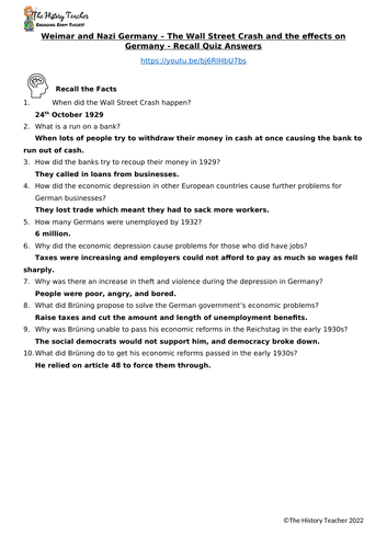 The Wall Street Crash & Depression - Editable Worksheets | Teaching ...