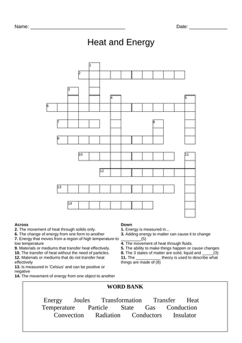 Temperature, heat transfer, energy CROSSWORD | Teaching Resources