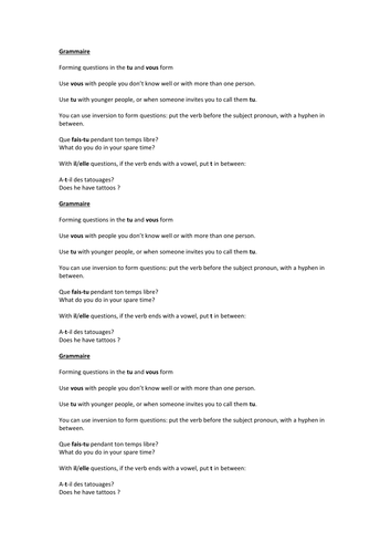 Forming questions in the tu and vous form in French | Teaching Resources
