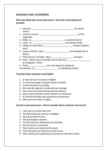 Venir + de (infinitive) | Teaching Resources