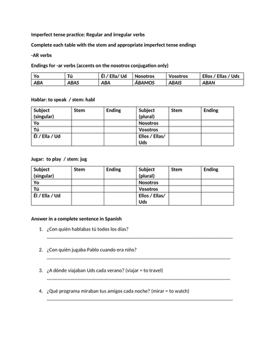 Imperfect tense introductory practice Spanish | Teaching Resources