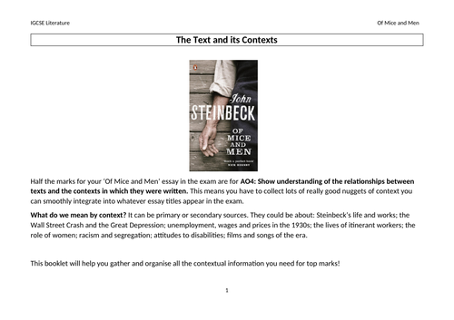Of Mice and Men Context Booklet | Teaching Resources