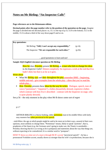 Complete notes MR BIRLING/INSPECTOR CALLS | Teaching Resources