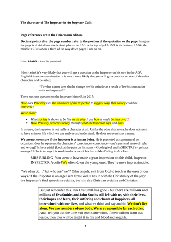 Detailed notes on THE INSPECTOR: AN INSPECTOR CALLS | Teaching Resources