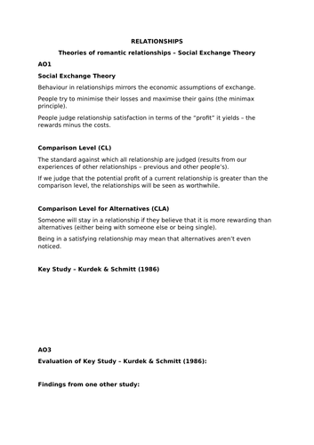 Social Exchange Theory (AQA Psychology Relationships) | Teaching Resources